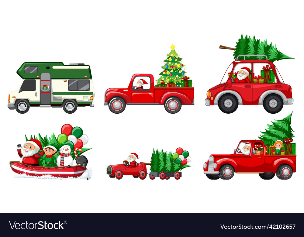 Set of different christmas cars and santa claus Vector Image
