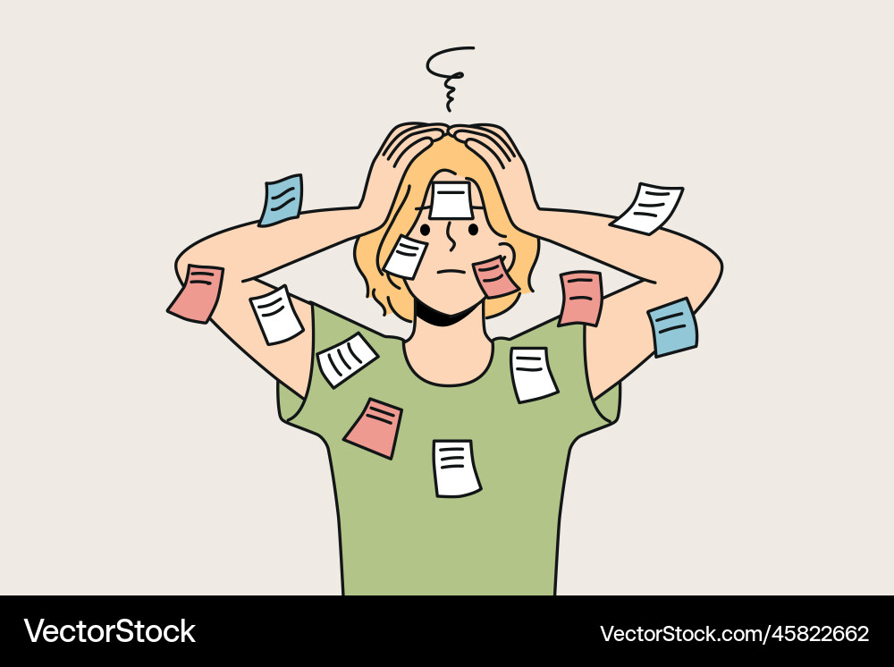 Confused woman frustrated with numerous notes Vector Image