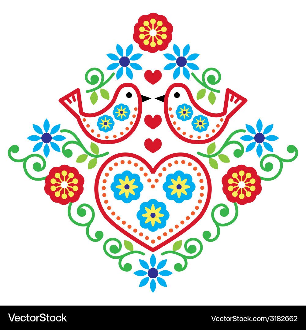 Folk art floral pattern with birds Royalty Free Vector Image