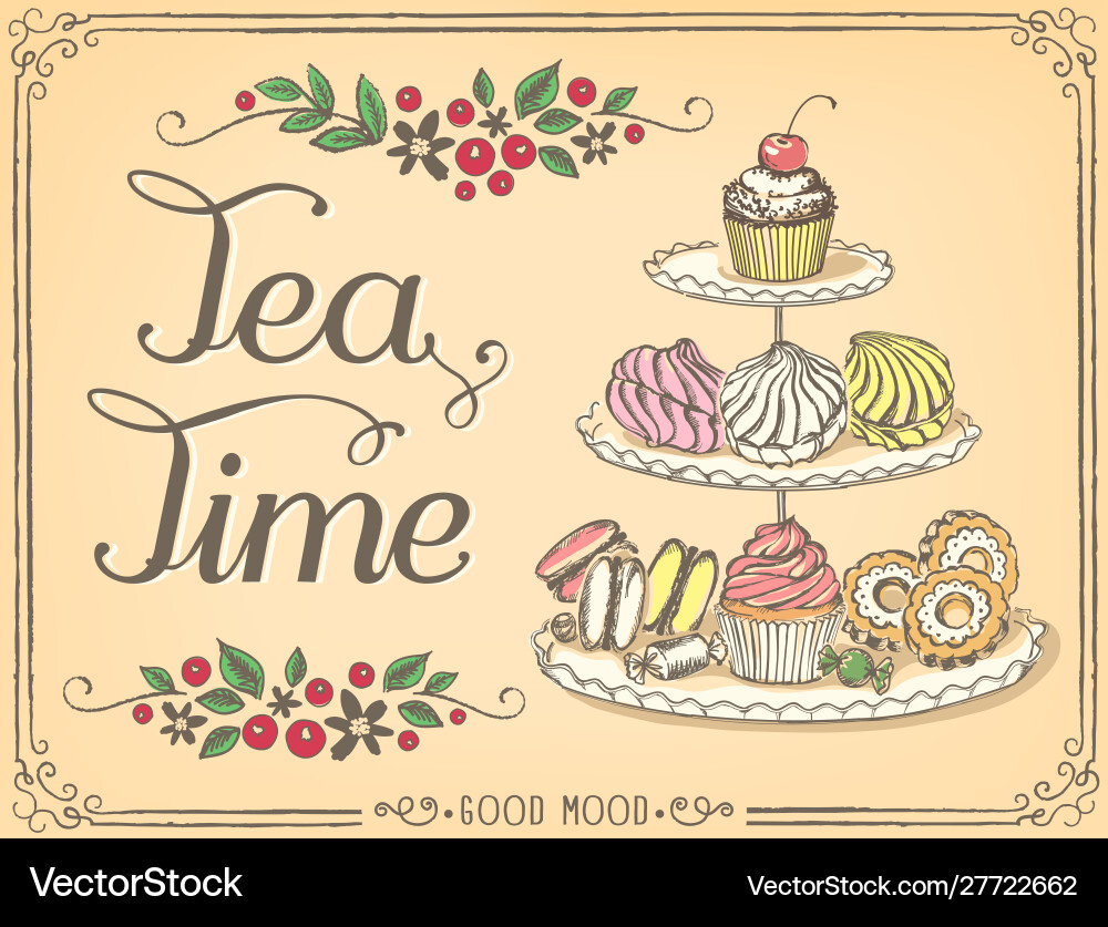 Retro time for tea with sweet pastries Royalty Free Vector