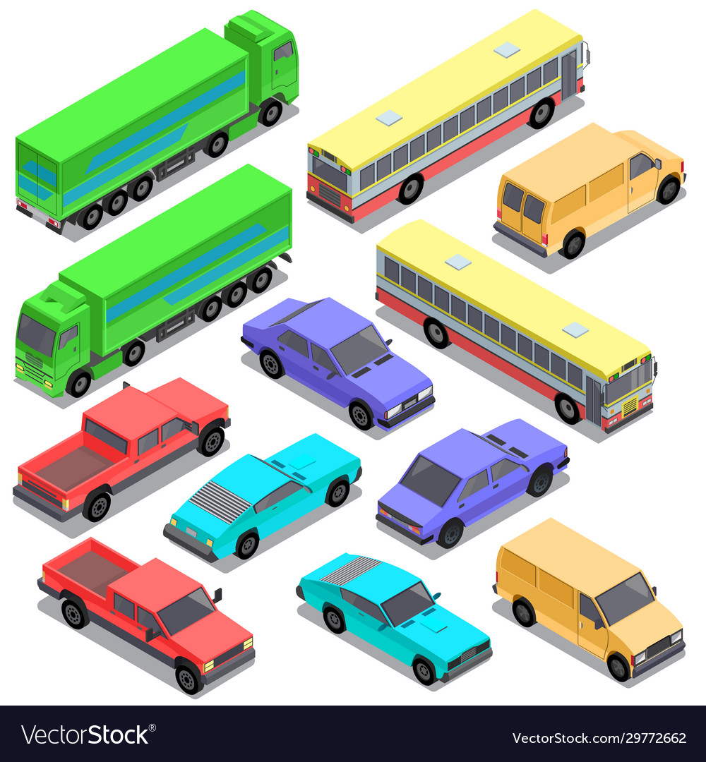 Set isometric urban transportation cars Royalty Free Vector
