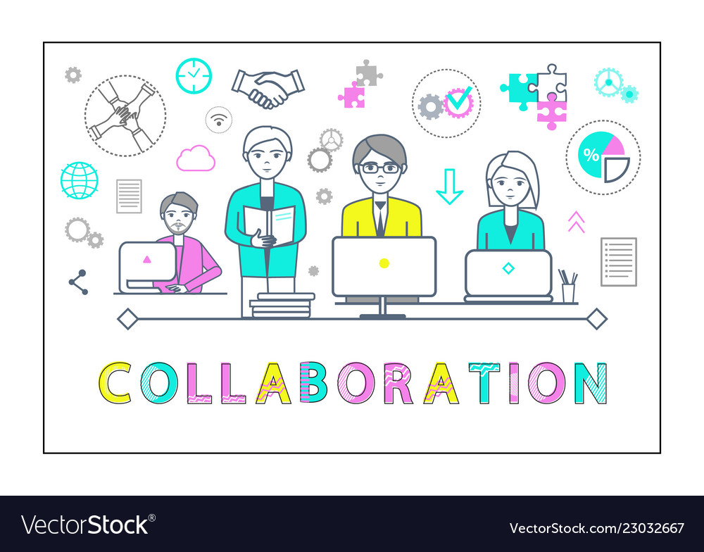 Collaboration poster with workers laptops Vector Image