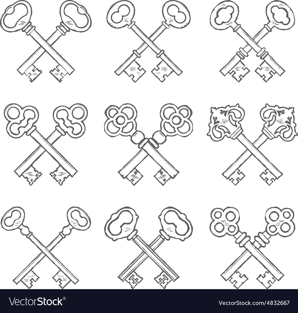 Set of crossed hand drawn keys Royalty Free Vector Image