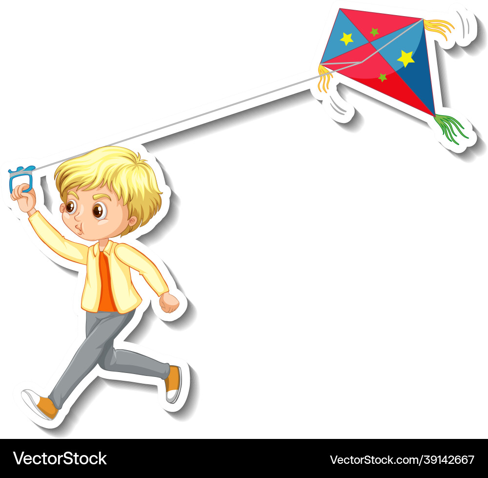 Sticker a boy playing kite cartoon character Vector Image