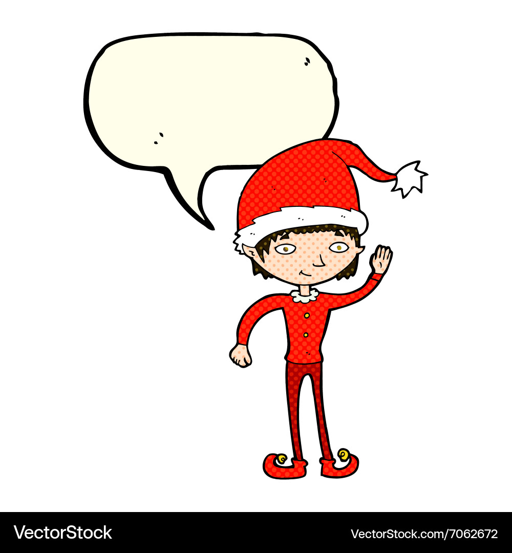 Cartoon waving christmas elf with speech bubble Vector Image