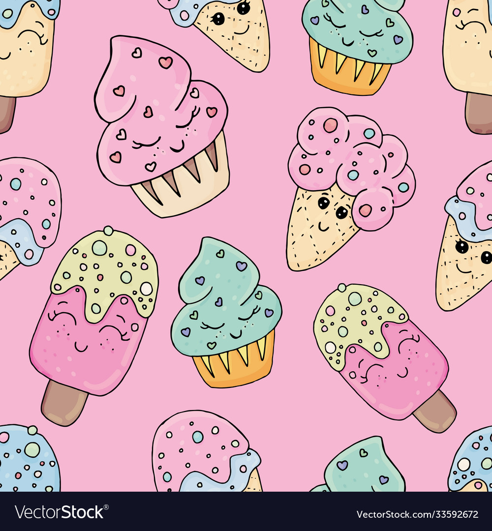 Cute ice creams and cupcakes with eyes icing Vector Image