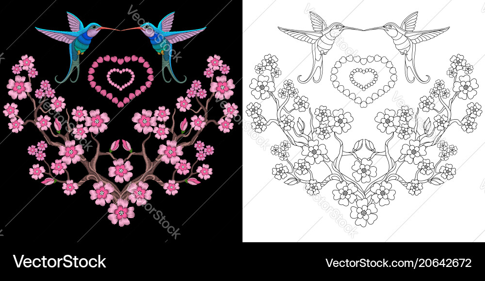 Embroidery hummingbird with hearts Royalty Free Vector Image