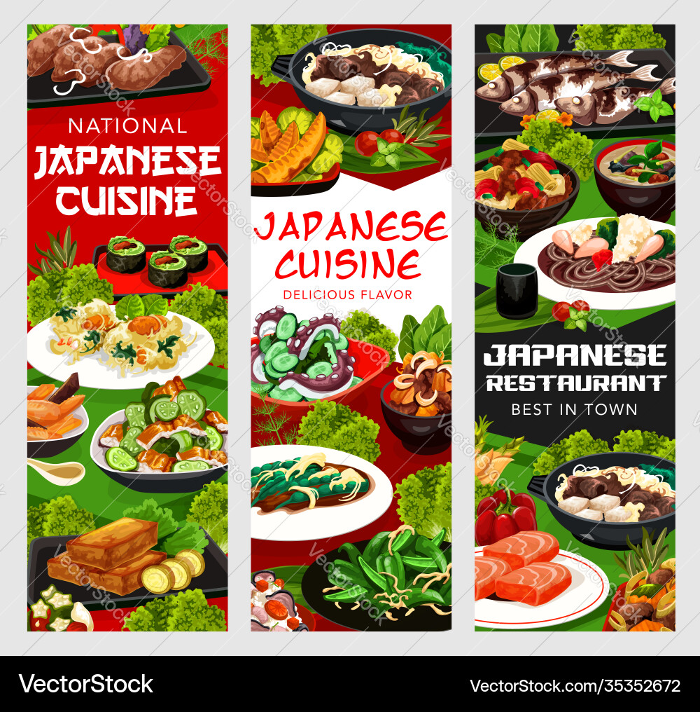 Japanese cuisine restaurant banners set Royalty Free Vector