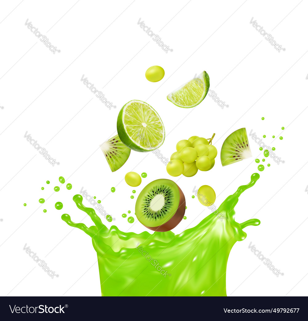 Green fruits juice splash with lime kiwi grape Vector Image