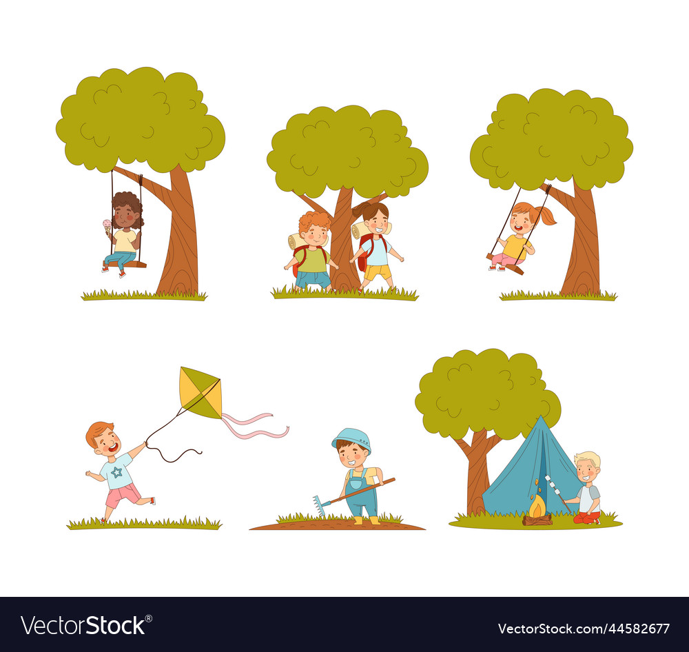 Happy kids performing summer outdoor activities Vector Image