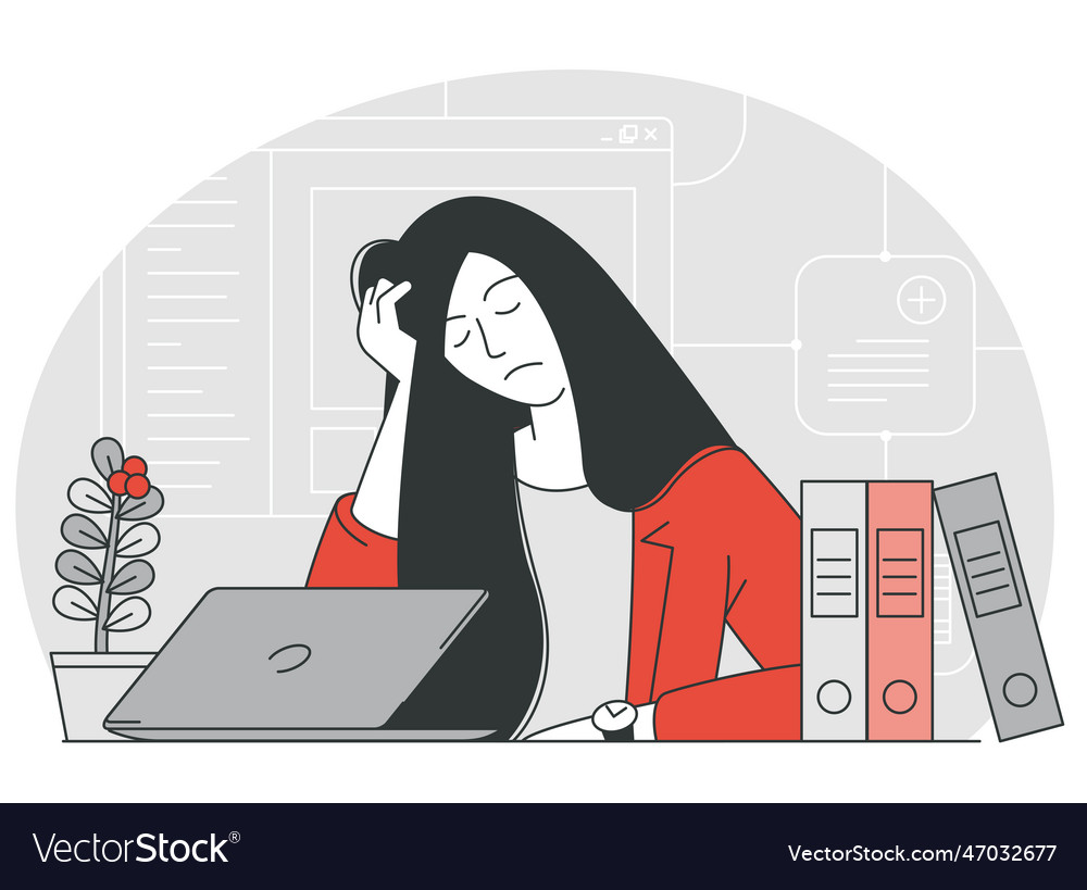 Tired burnout woman at work Royalty Free Vector Image
