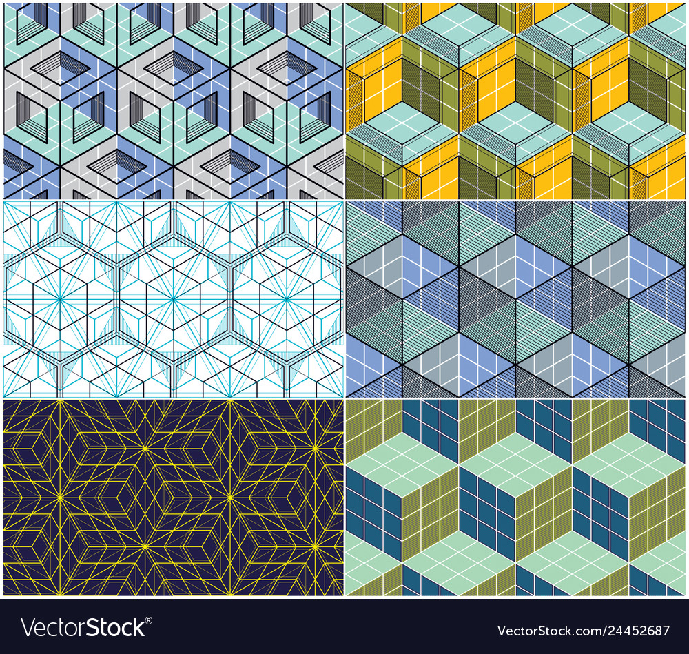 Geometric cubes abstract seamless patterns set 3d Vector Image