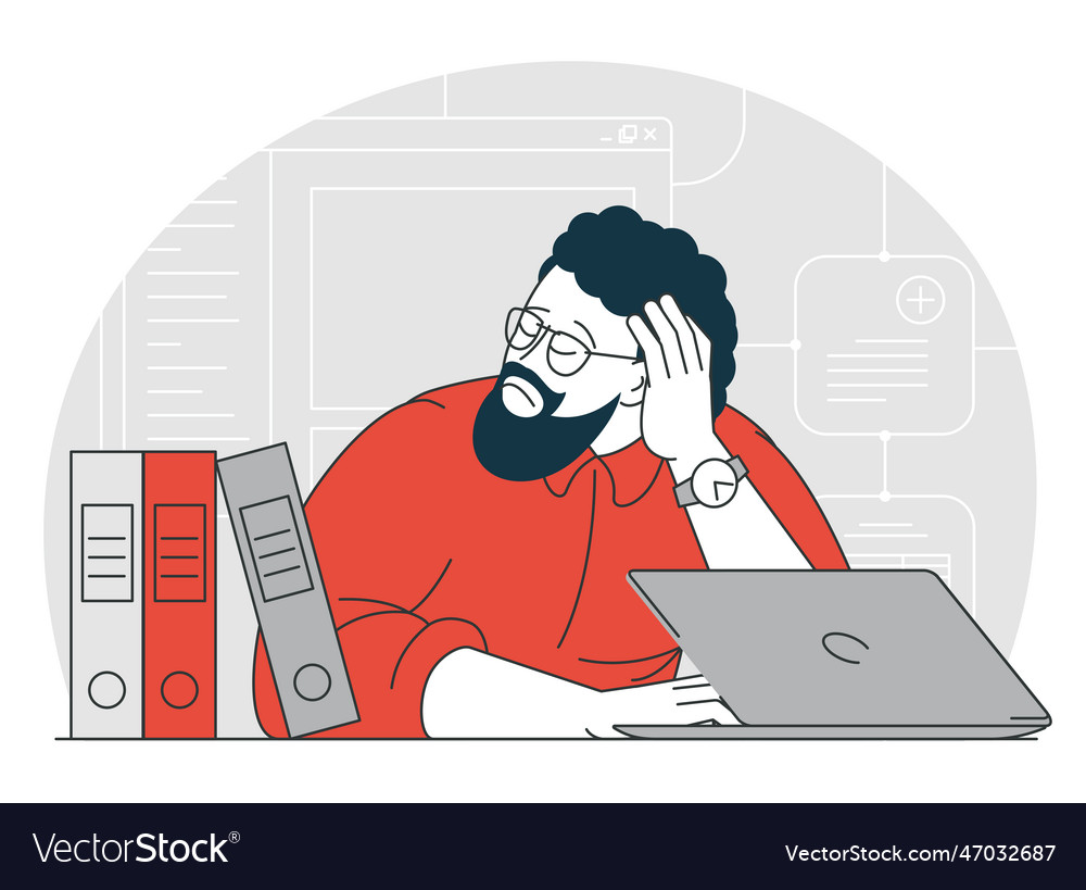 Tired burnout man at work Royalty Free Vector Image