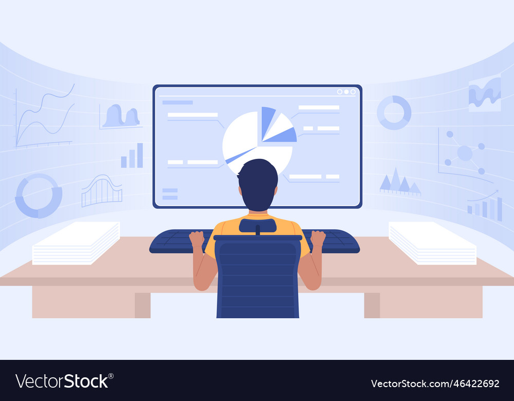 Data engineer at computer making graphs flat color
