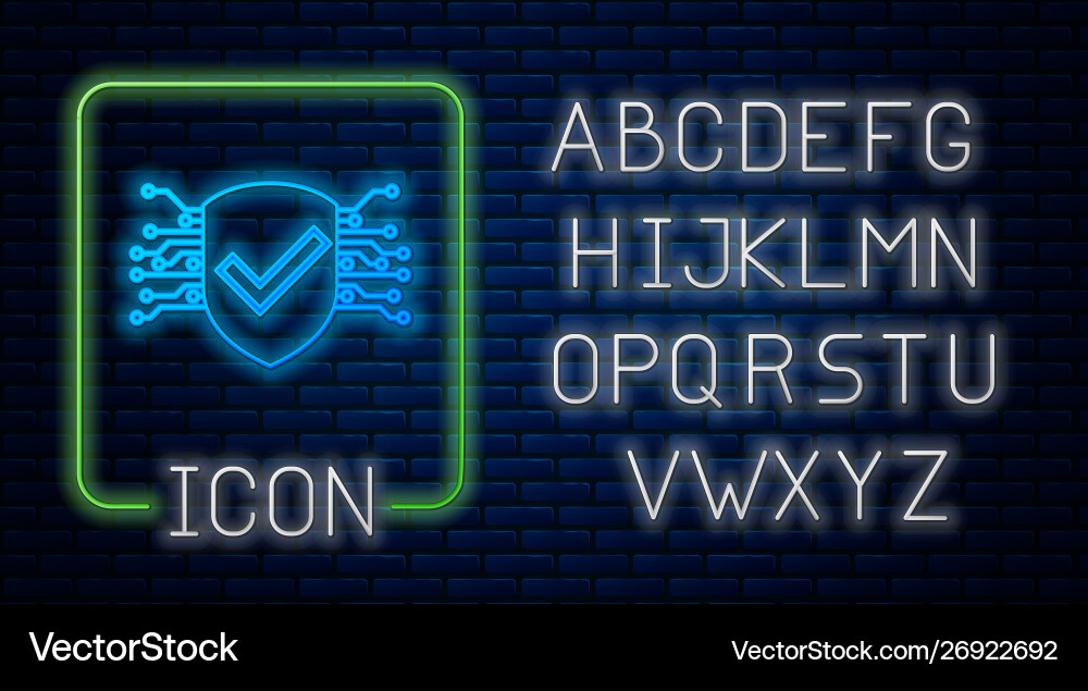 Glowing neon cyber security icon isolated on brick