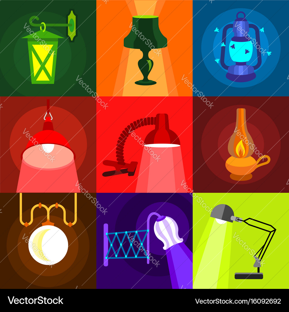 Types of light icons set flat style Royalty Free Vector