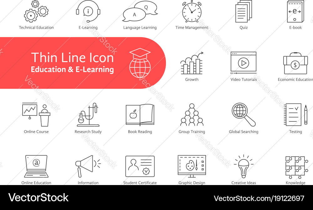 Big thin line set e-learning and education Vector Image