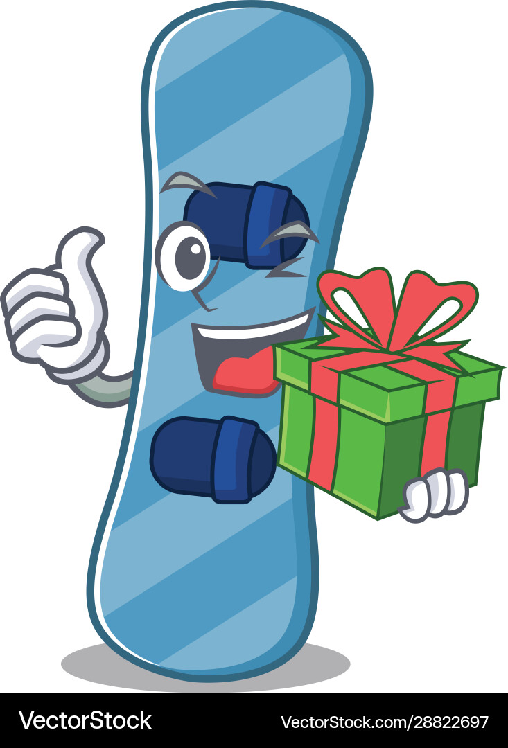 Smiley snowboard in character with gift box Vector Image