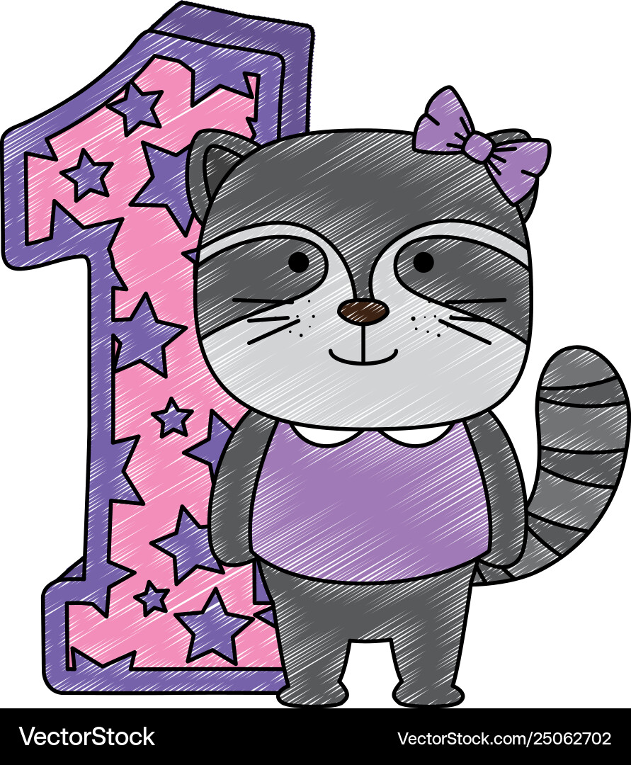 Cute number one with raccoon Royalty Free Vector Image