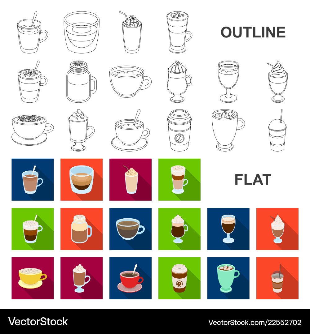 Different kinds of coffee flat icons in set Vector Image