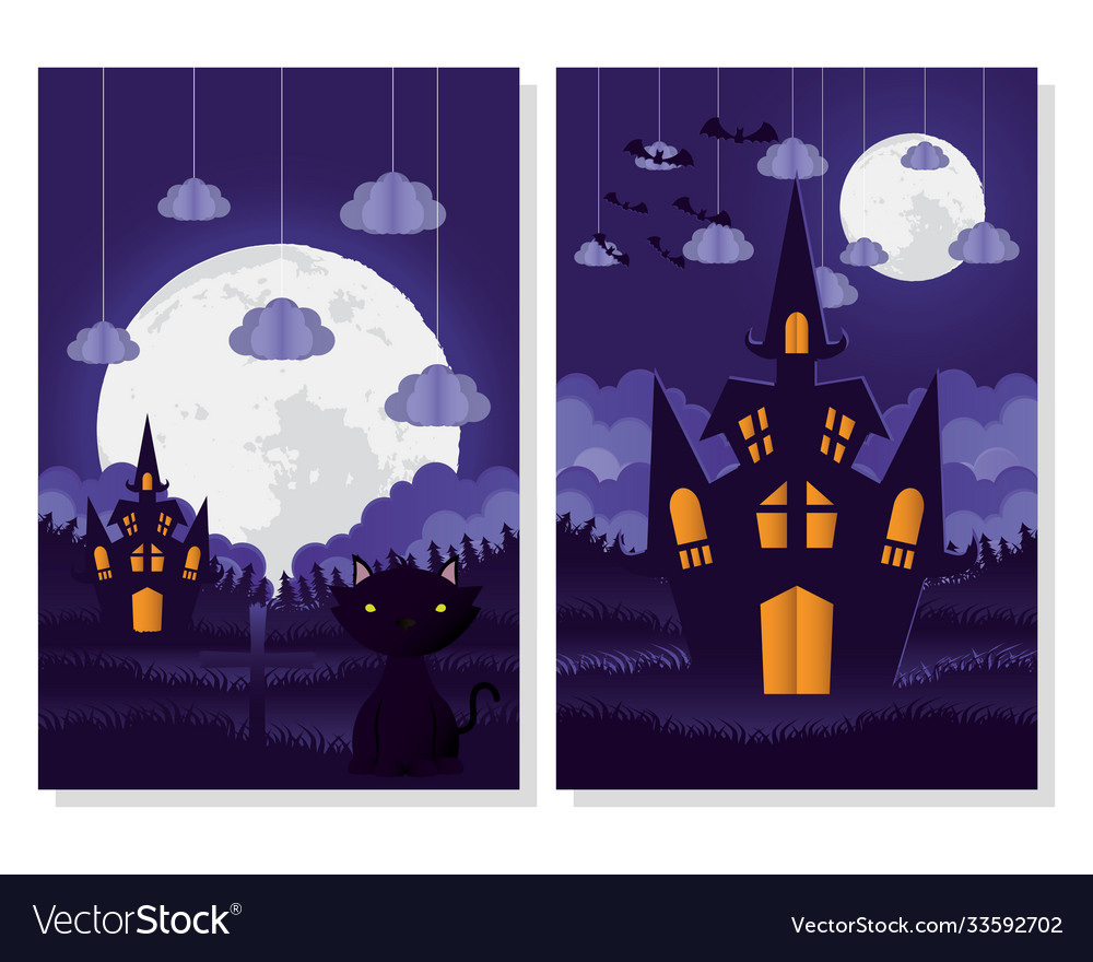 Happy halloween card with cat and castle scenes Vector Image
