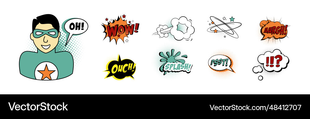 Comic sound effect in pop art style with superhero
