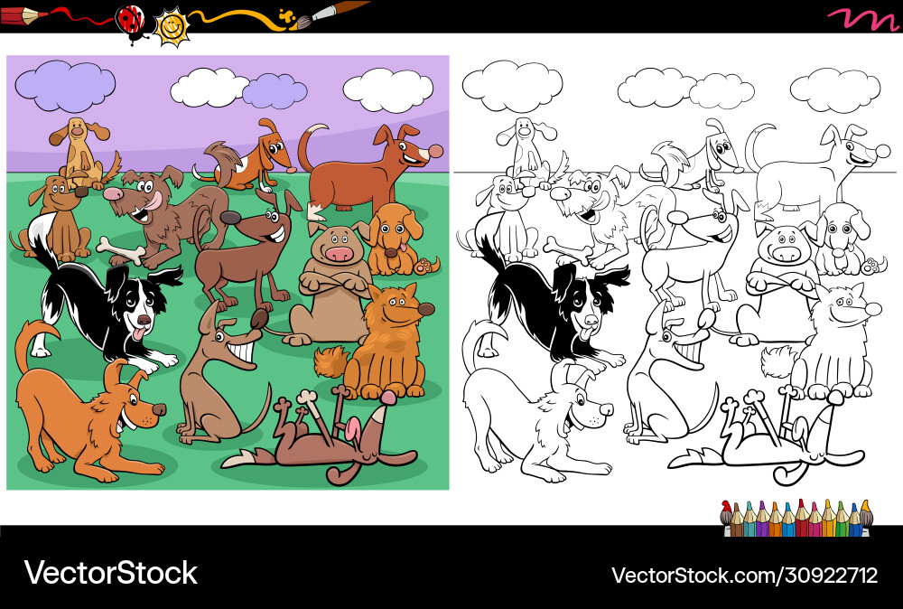 Dogs characters large group coloring book page Vector Image