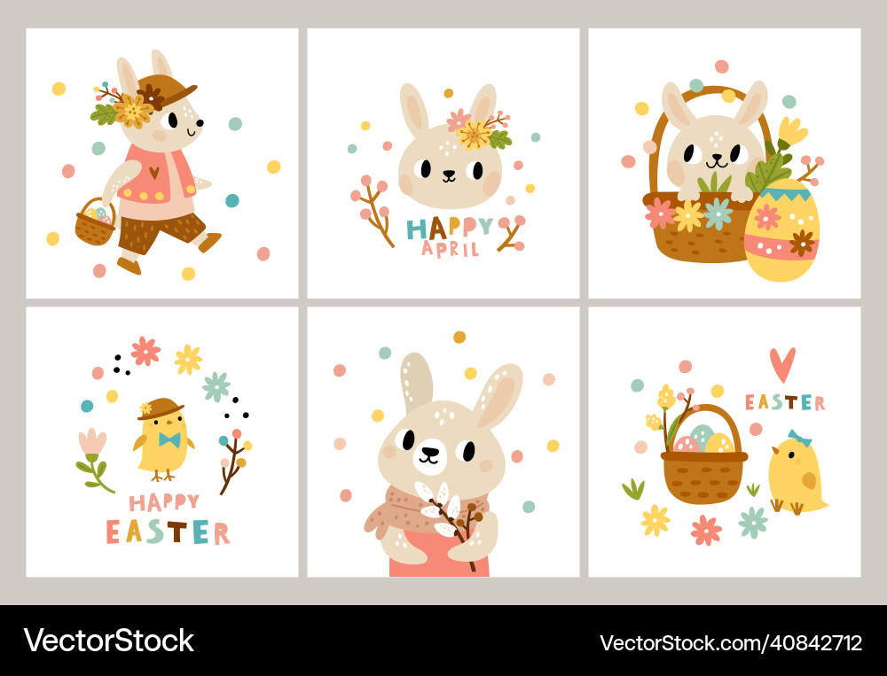 Easter rabbits cards cute cartoon bunny Royalty Free Vector