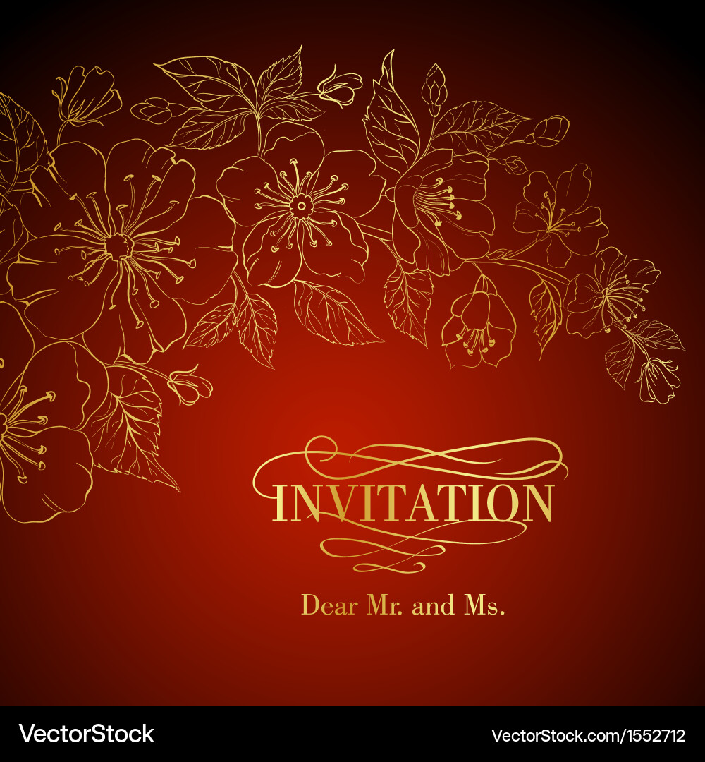 Gold sakura flowers on a red background Royalty Free Vector