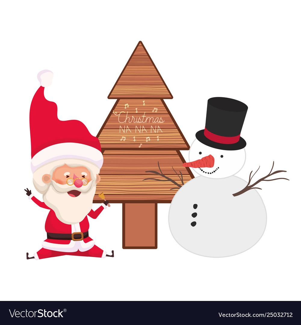 Santa claus with christmas tree and snowman Vector Image