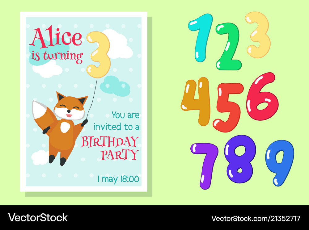 Birthday invitation with fox and numbers Vector Image