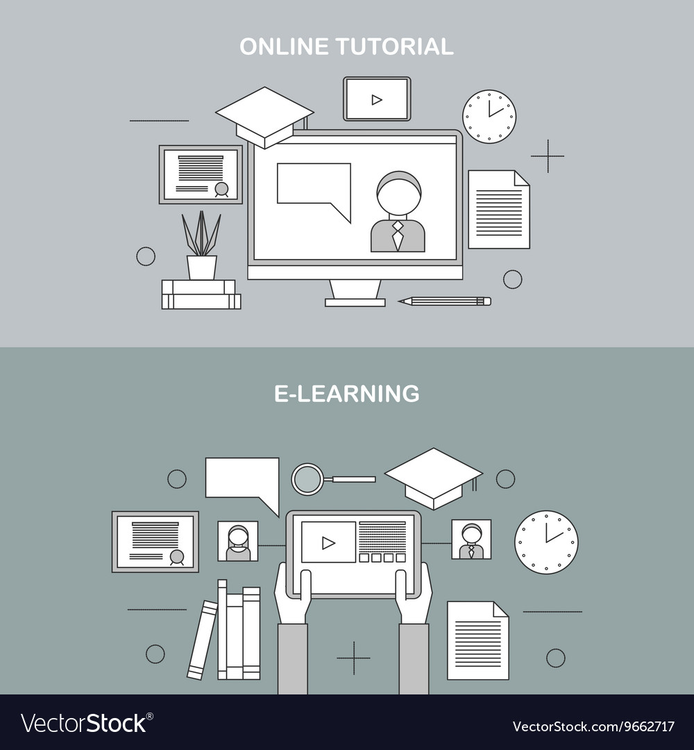 Flat linear of e-learning Royalty Free Vector Image