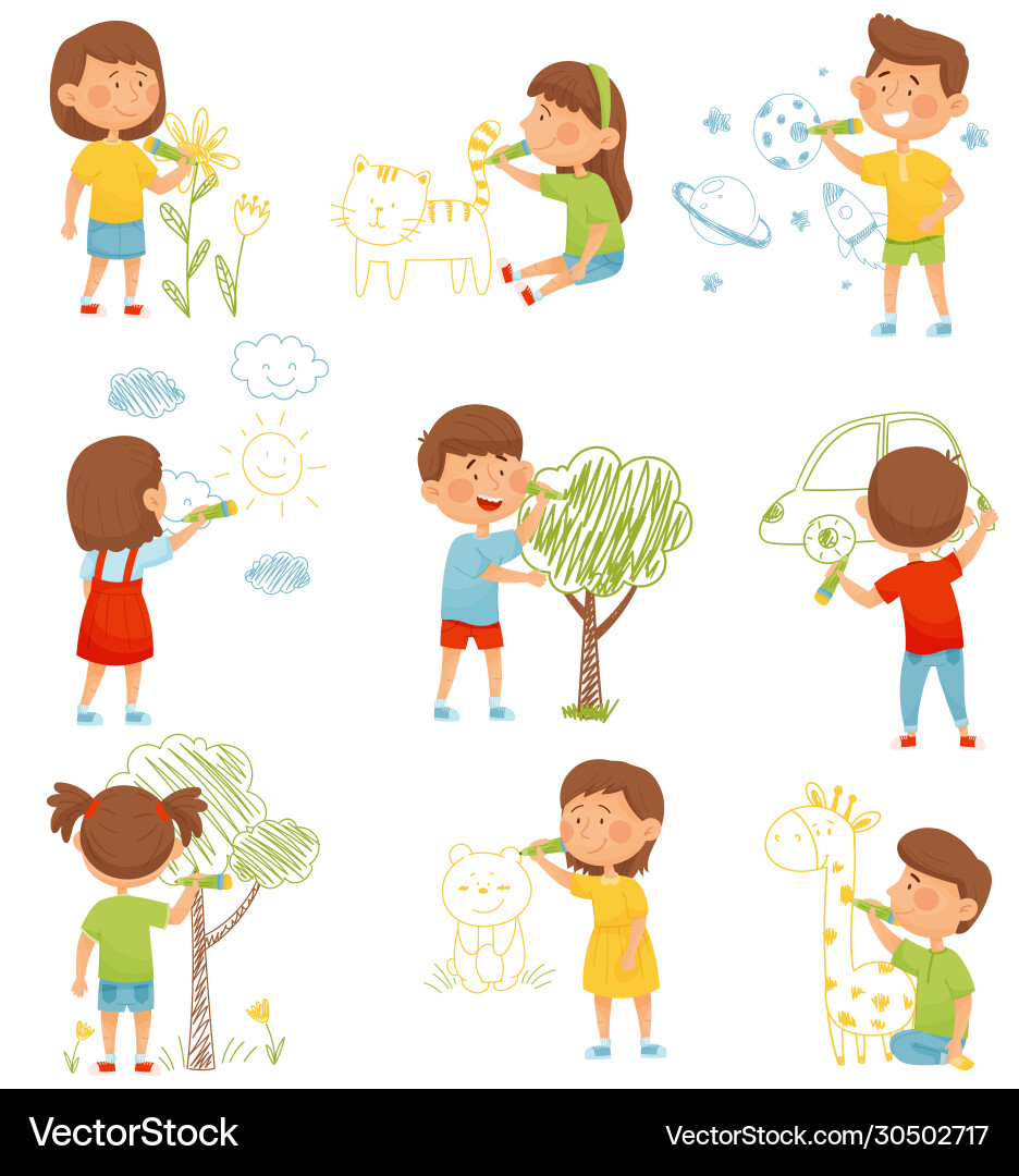 Kids characters standing and drawing with felt Vector Image