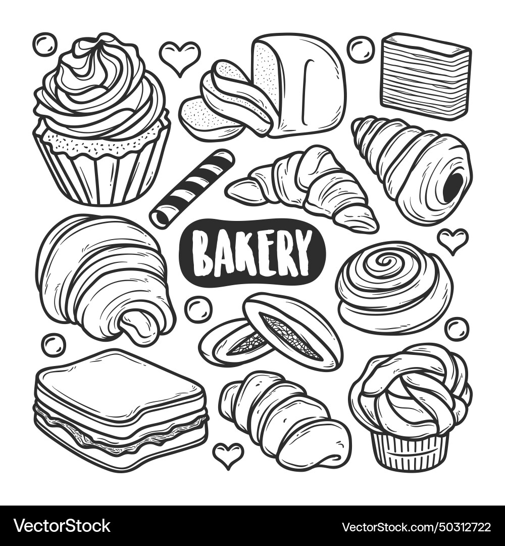 Bakery icons hand drawn doodle coloring Royalty Free Vector