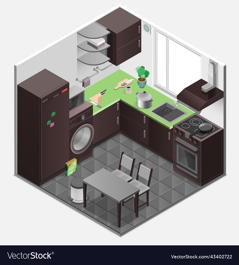 Kitchen interior isometric composition Royalty Free Vector