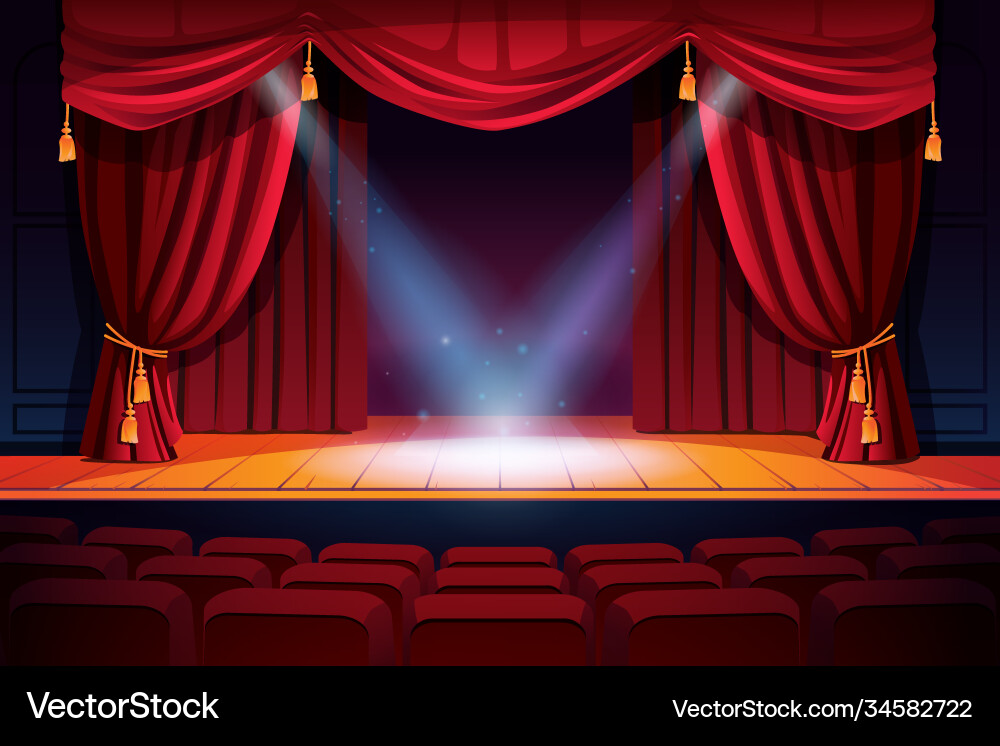 Theater stage with rows seats and curtains light Vector Image