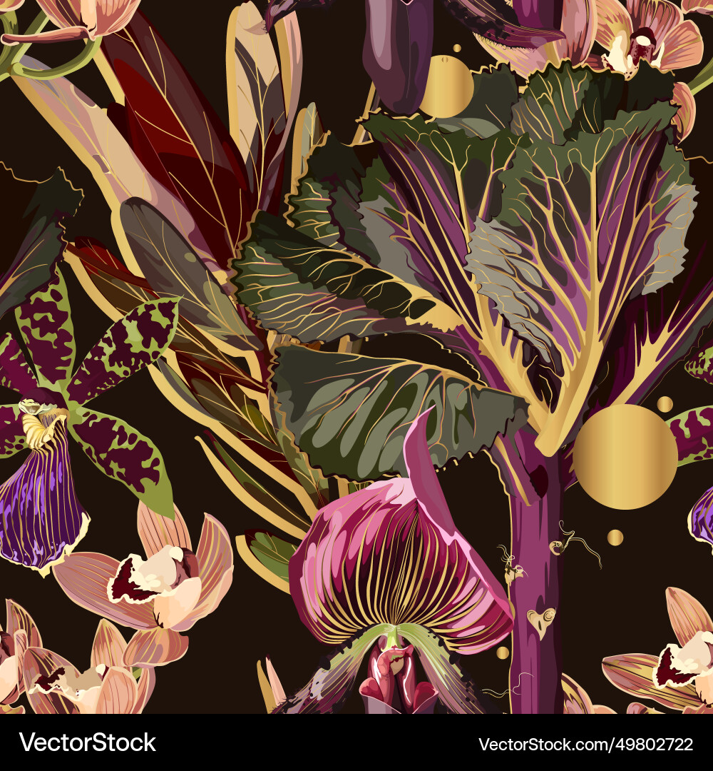 Tropical floral seamless pattern with golden Vector Image