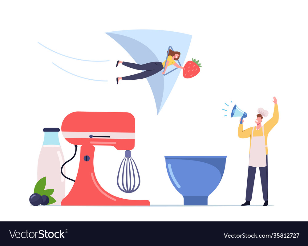 Tiny male character in chef toque yell Royalty Free Vector