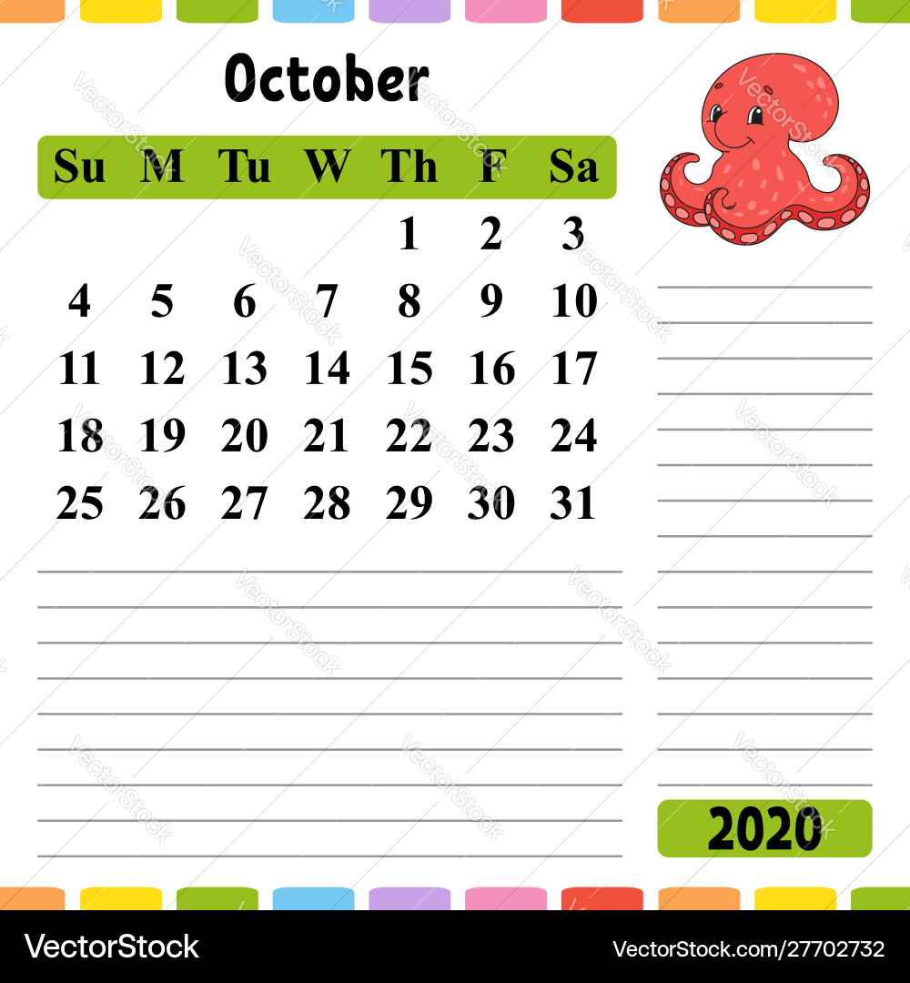Calendar for 2020 with a cute character fun Vector Image