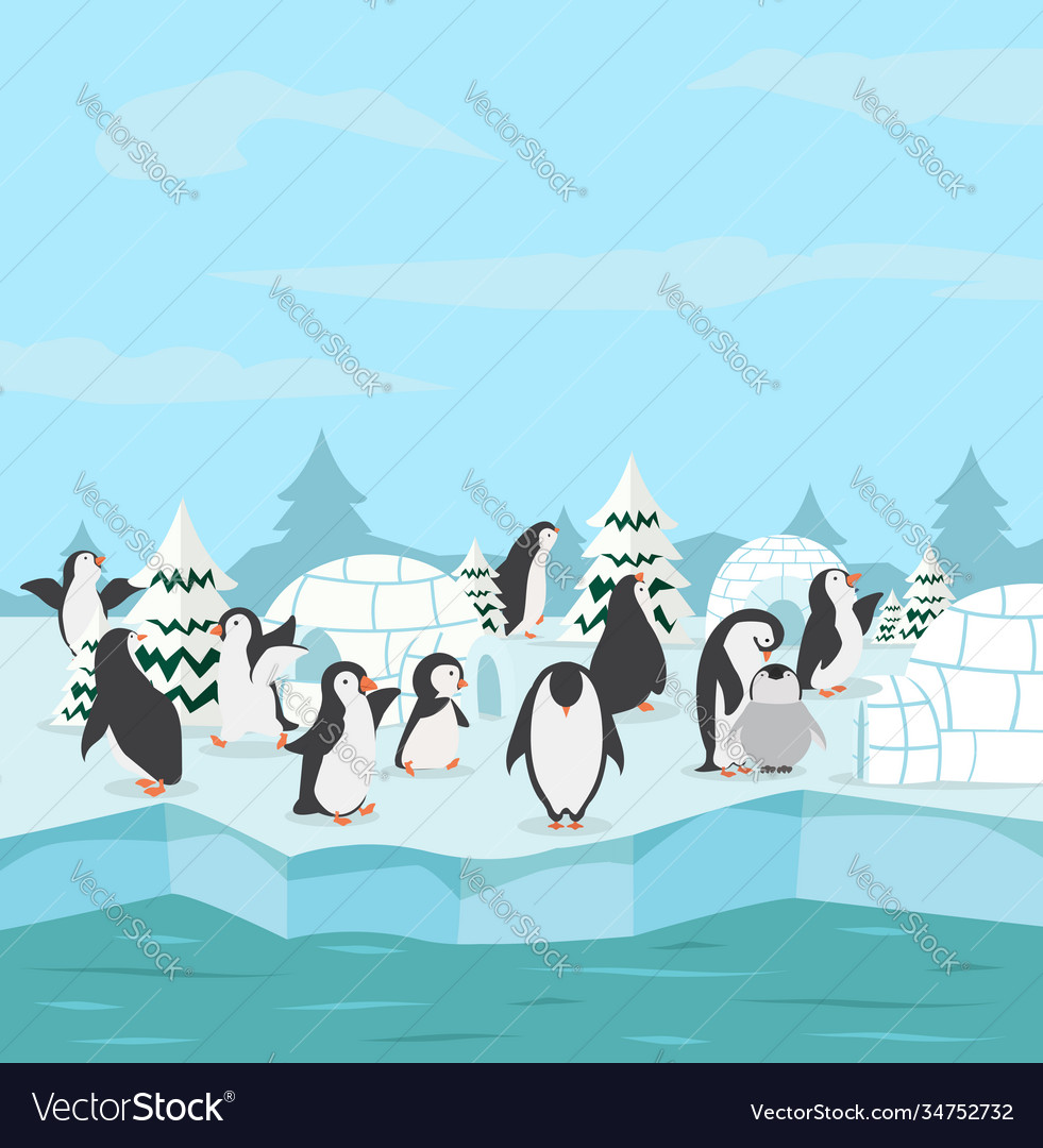 Penguins family with winter north pole arctic Vector Image