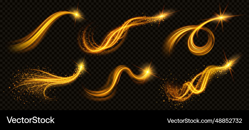 Realistic set of golden light vortex effects Vector Image