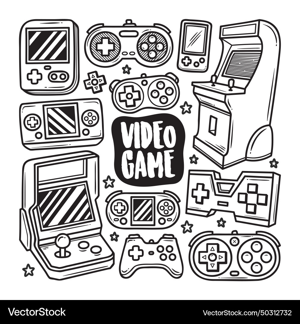 Video game icons hand drawn doodle coloring Vector Image