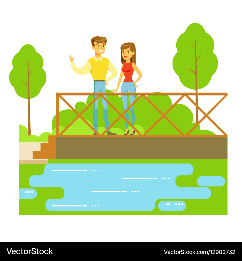 Young couple standing on the bridge watching Vector Image