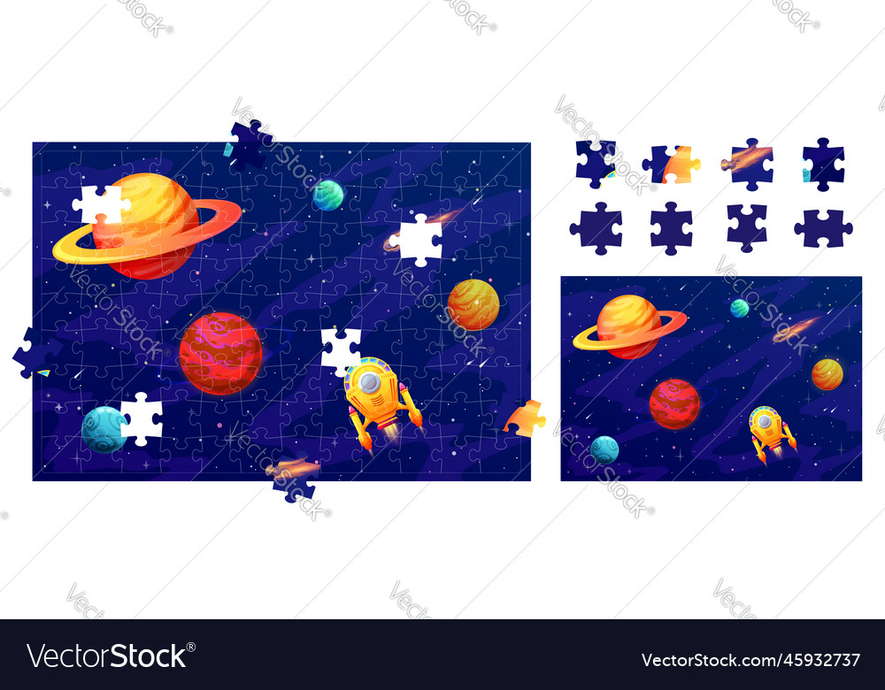 Jigsaw puzzle space game pieces spaceship stars Vector Image