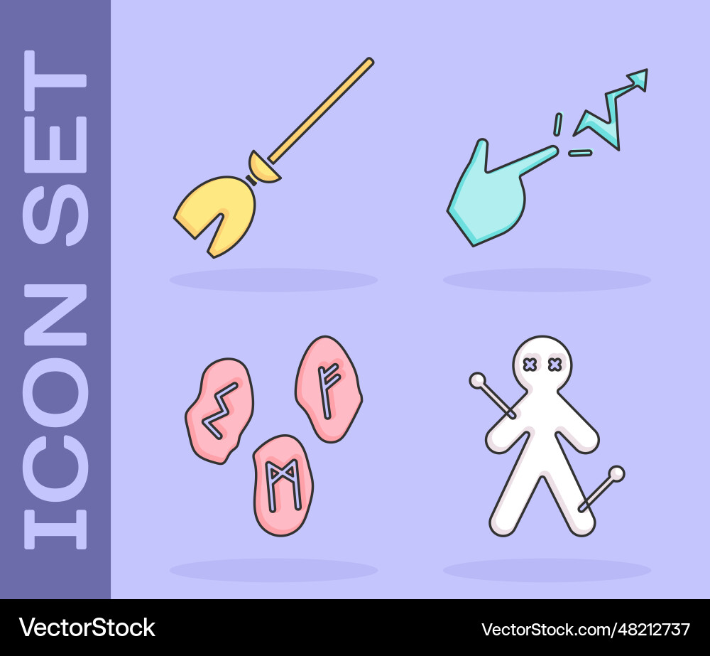 Set voodoo doll witches broom magic runes Vector Image