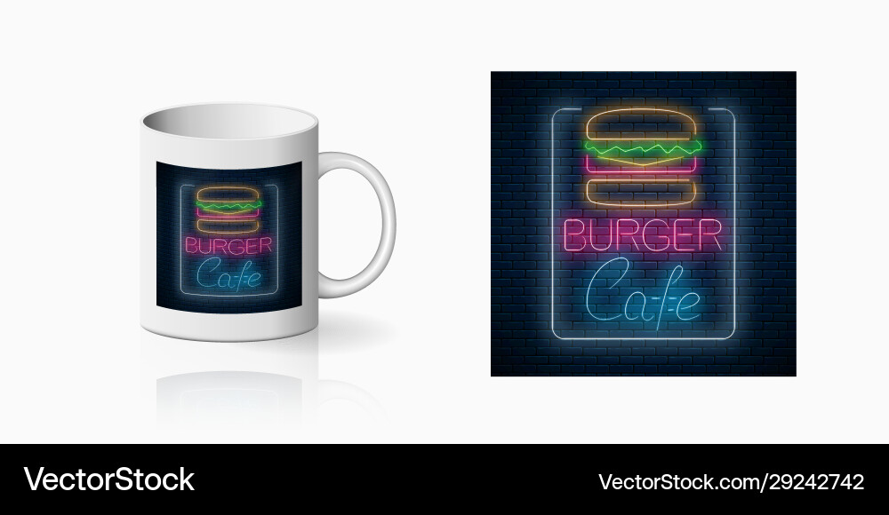 Neonprint burger cafe sign on ceramic mug Vector Image