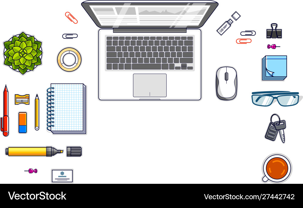 Office desk workspace top view with laptop Vector Image