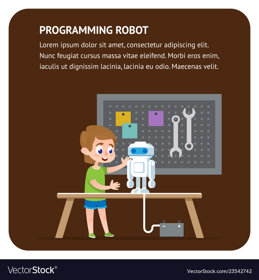 Robot programming flat banner young engineer boy Vector Image