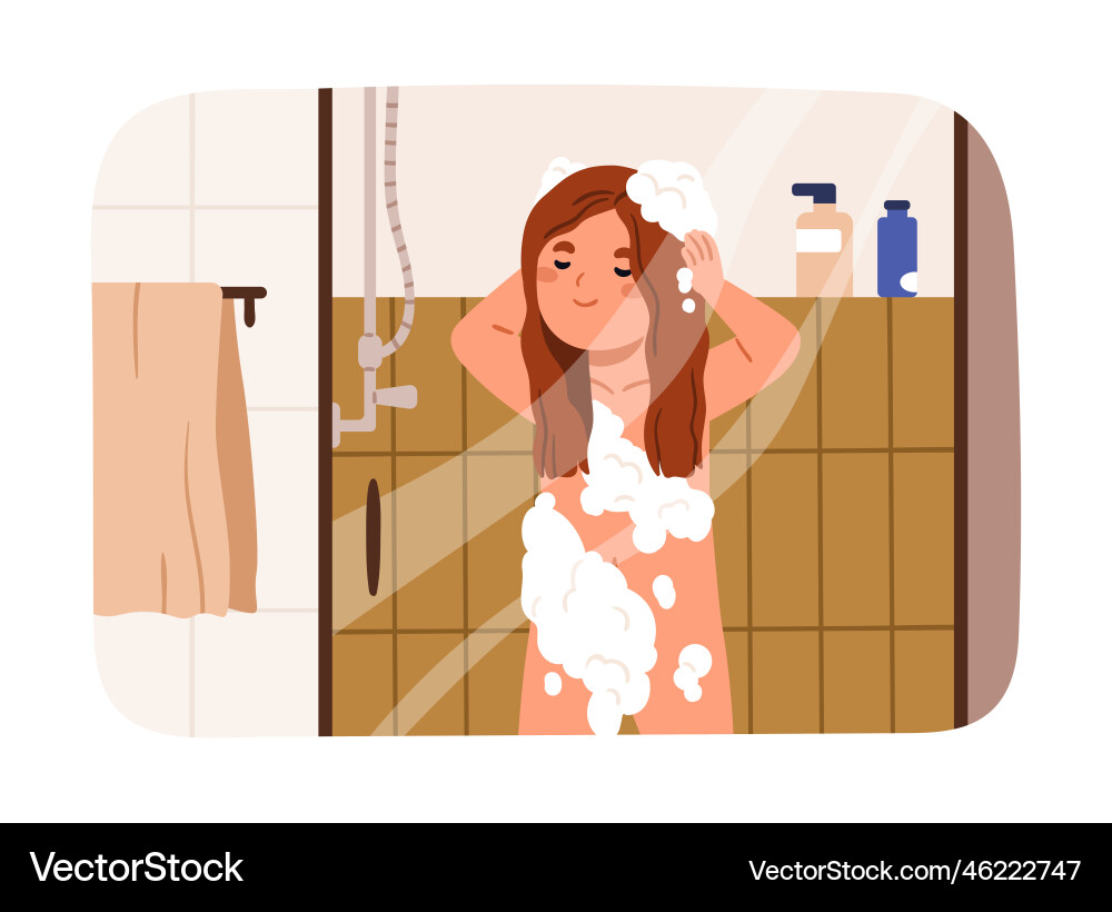 Kid taking shower standing at bathroom cabin Vector Image