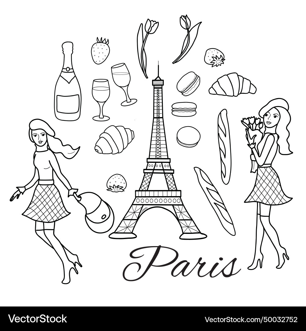 Hand drawn icon set with paris symbols Royalty Free Vector